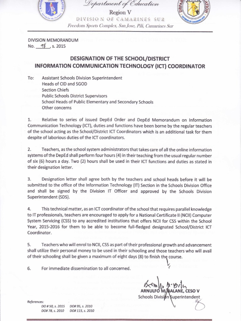Designation and Duties of ICT Coordinators | PDF | Educational ...