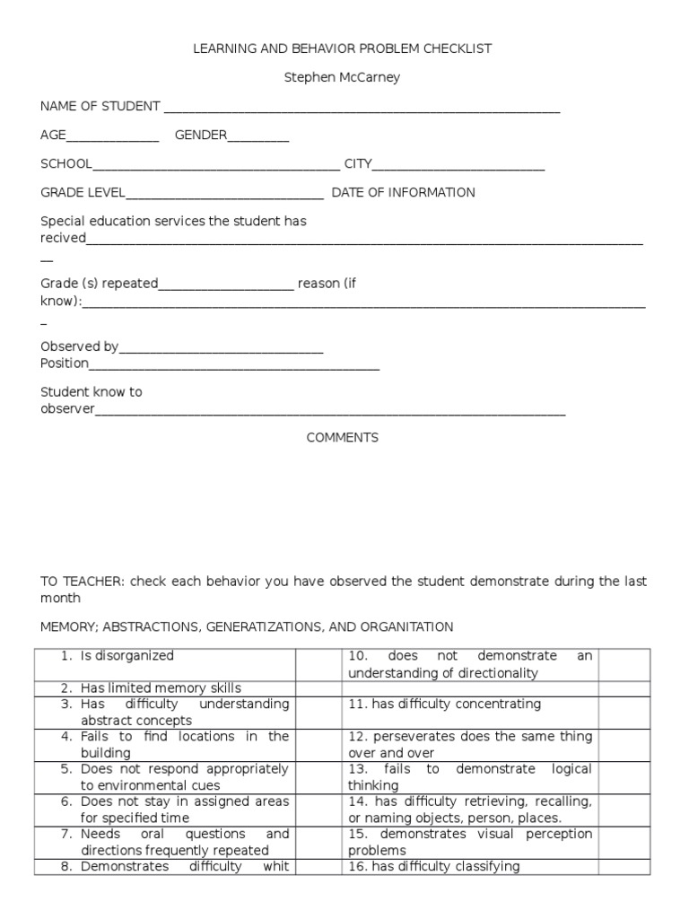 Learning and Behavior Problem Checklist | PDF | Memory | Teaching ...