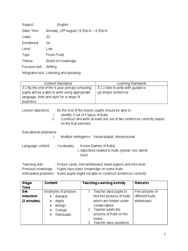 Lesson Plan Writing Fresh Fruits | PDF | Fruit | Lesson Plan