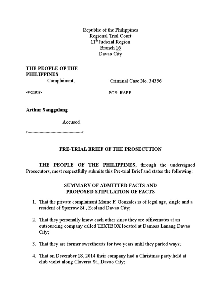Pre Trial Brief For Prosecution | PDF | Rape | Prosecutor
