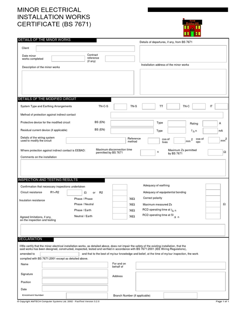 Minor Electrical Installation Works Certificate (Bs 7671) | PDF ...