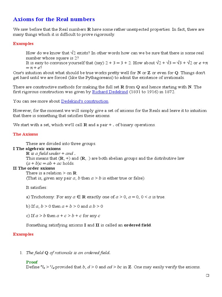 Axioms For The Real Numbers | PDF | Field (Mathematics) | Real Number