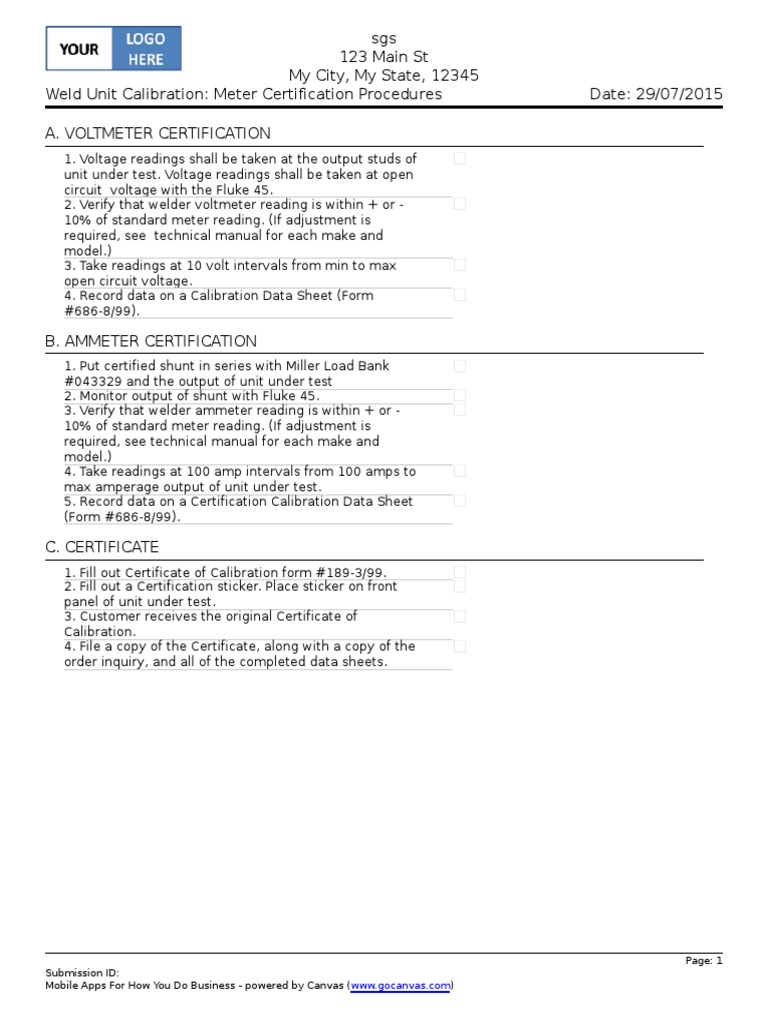 Weld Unit Calibration Meter Certification Procedures | PDF | Technology ...