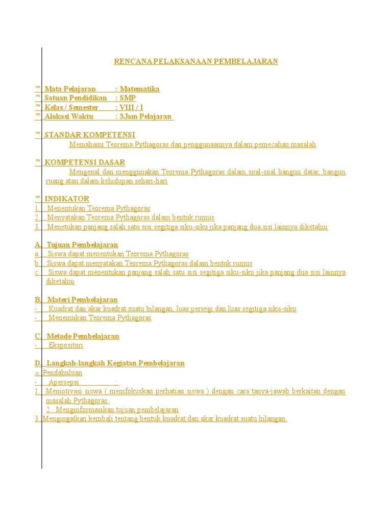 RPP PTK Teorema Pythagoras | PDF | Karier & Perkembangan | Metode ...