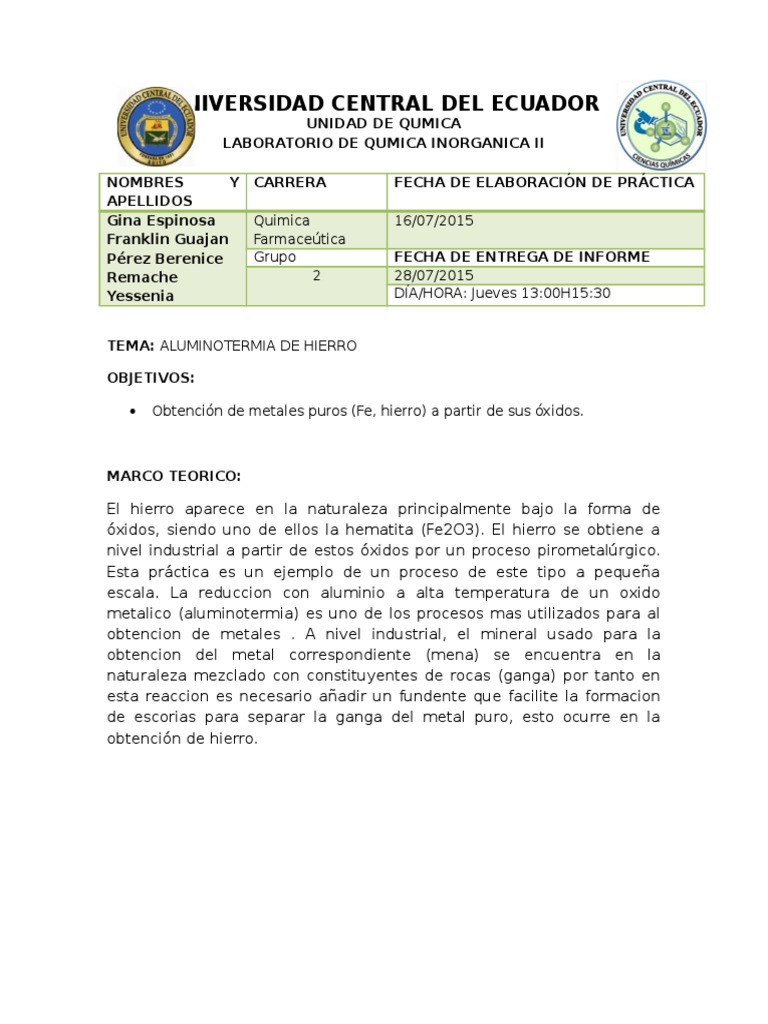 Aluminotermia del Hierro: Proceso y Resultados | PDF | Hierro | Ácido ...