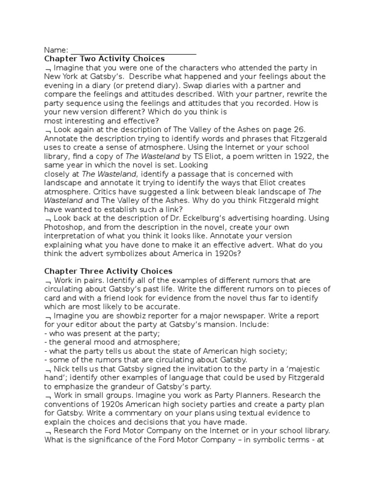 Great Gatsby Activity | PDF | The Great Gatsby