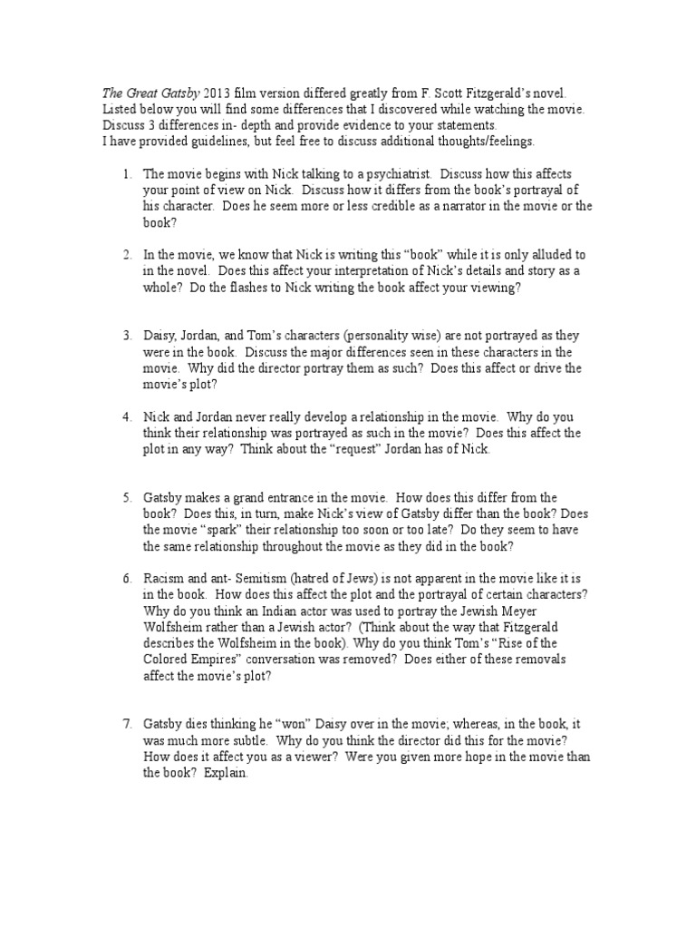 Differences Between The Great Gatsby Film and Novel | PDF | F. Scott ...