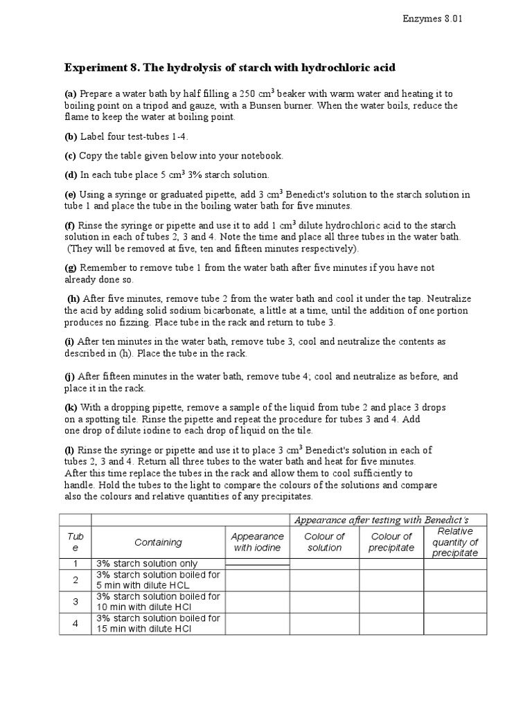 Hydrolysis of Starch with HCl Experiment | PDF