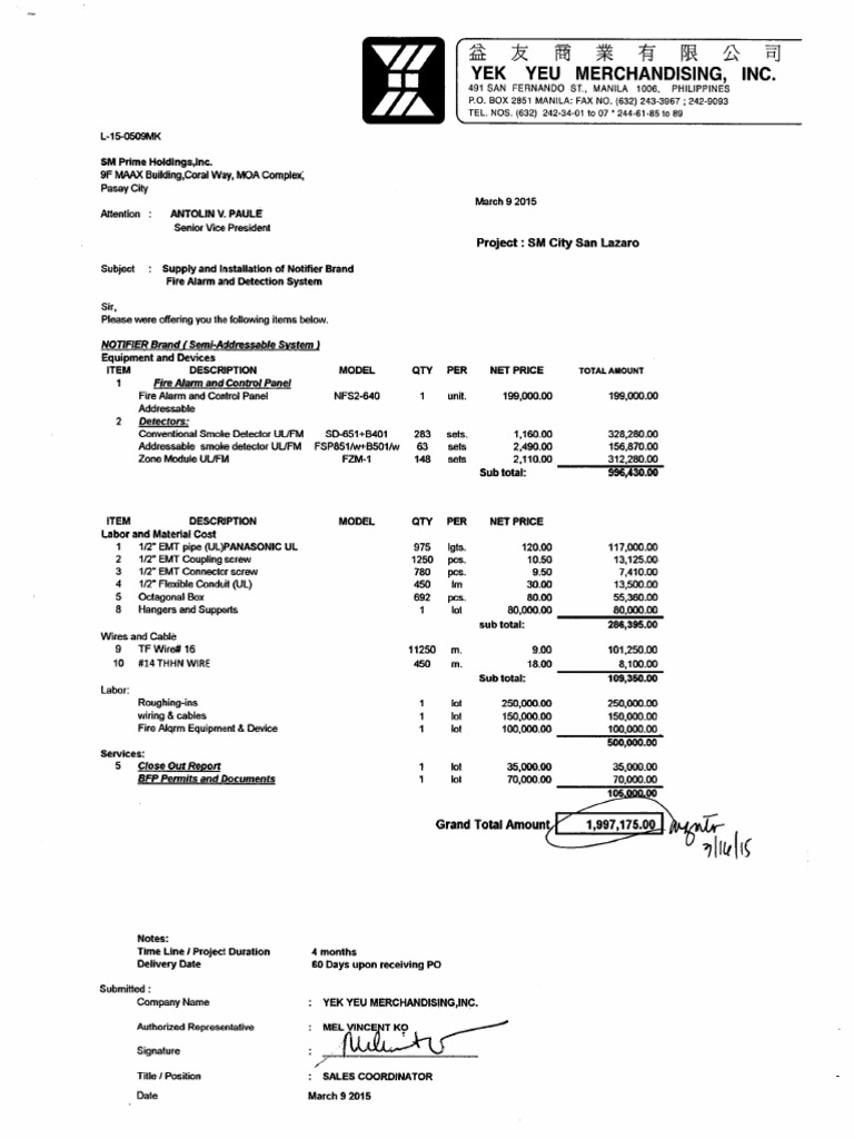 FDAS - Contractor - Yekyeu - Quotation | PDF