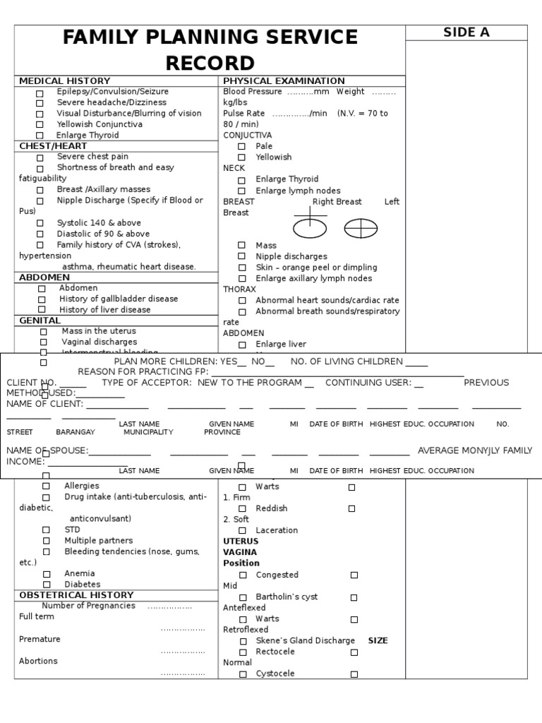 Family Planning Service Record Form | PDF | Thorax | Menstruation