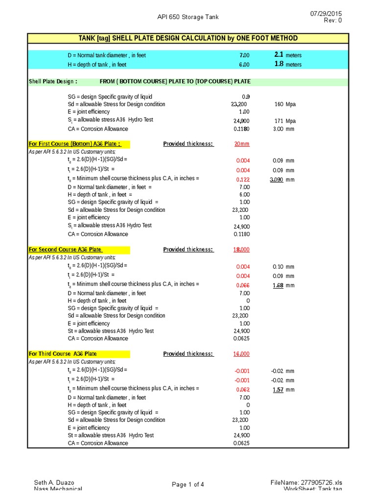 API 650 Tank Design Calculations | PDF | Foot (Unit) | Shell (Projectile)