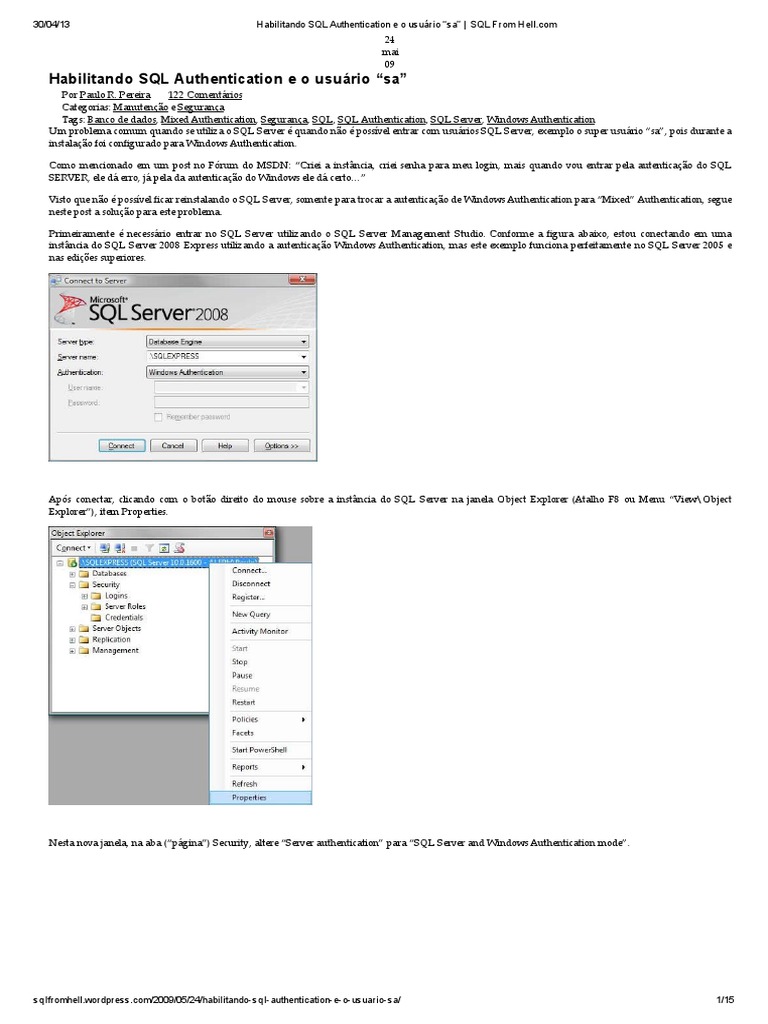 Habilitando SQL Authentication e o Usuário "Sa" - SQL From Hell | PDF ...