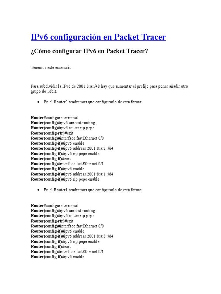 IPv6 Configuración en Packet Tracer | PDF | Dirección IP | Yo Pv6