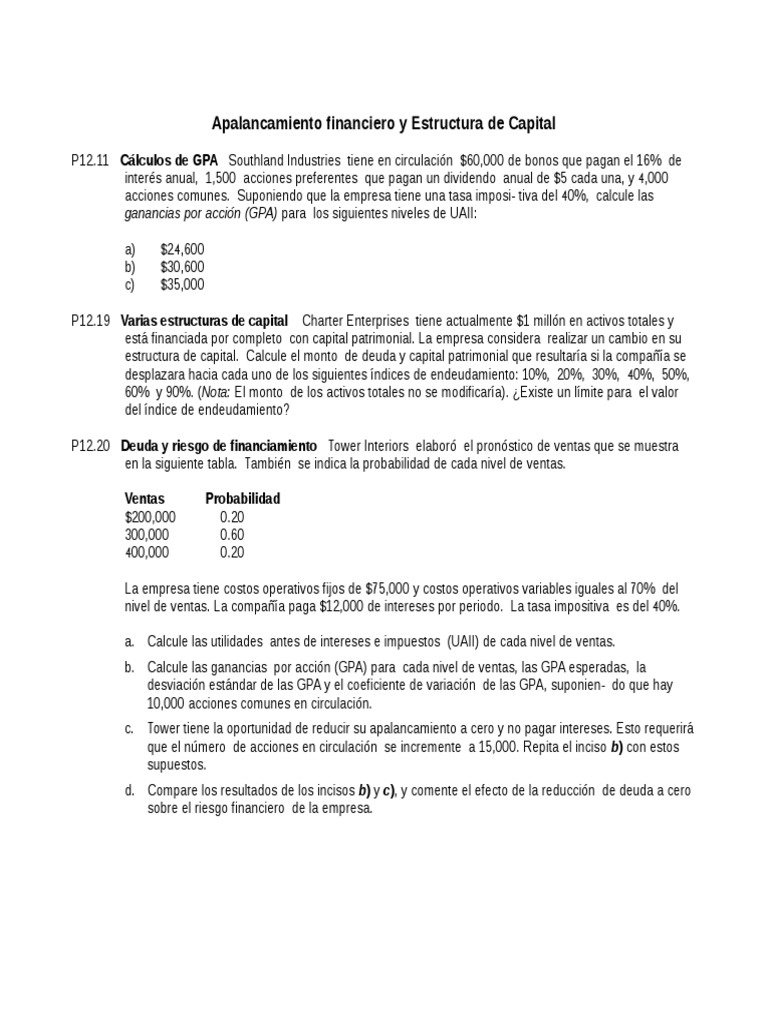 Gitman Apalancamiento y Estructura de Capital | PDF | Compartir (Finanzas) | Apalancamiento ...