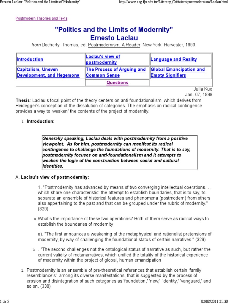 Laclau's Empty Signifier in Postmodernity | PDF | Modernity | Postmodernism
