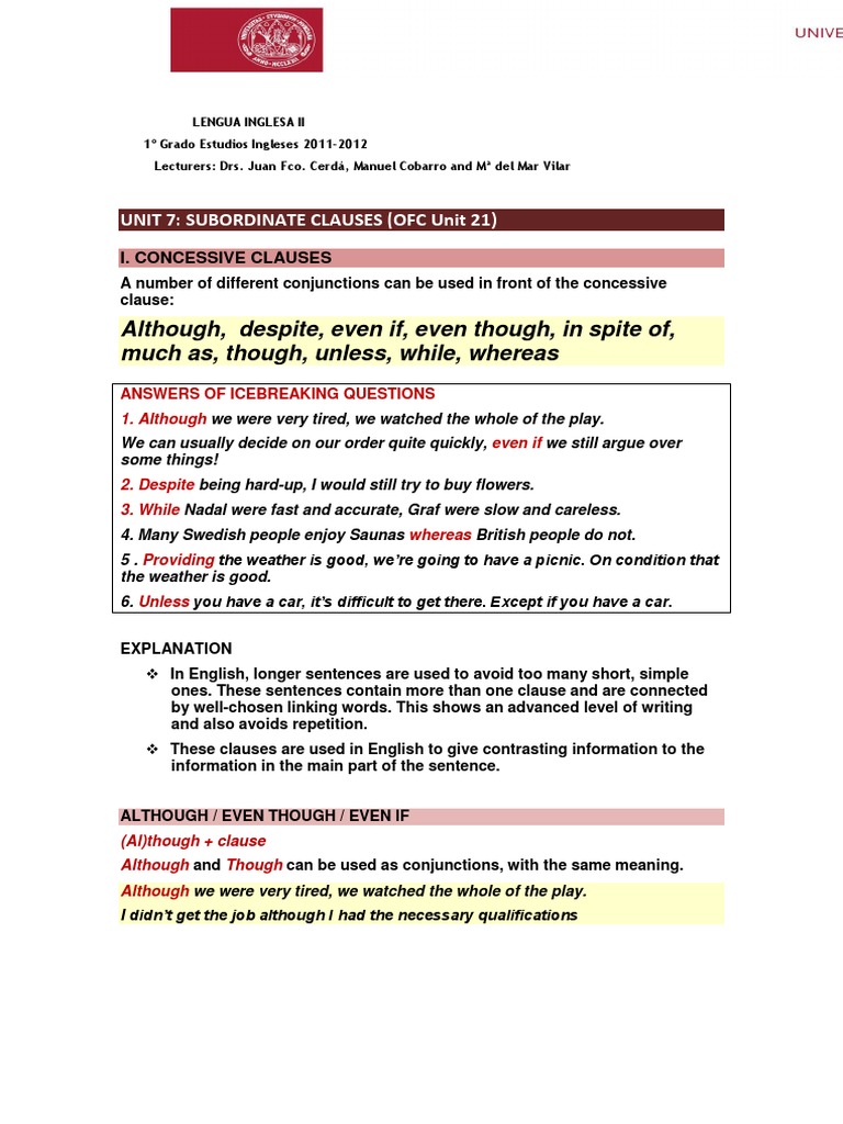 Unit+7a CONCESSIVE PURPOSE REASON RESULT+CLAUSES | PDF | Verb | Adverb