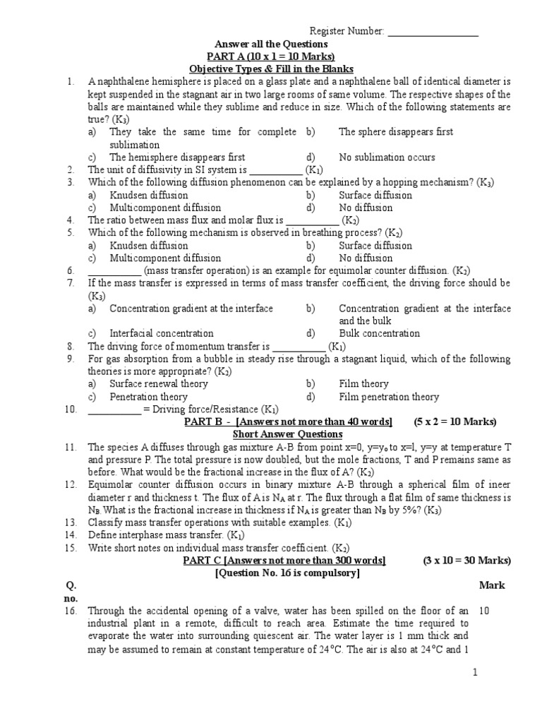 Mass Transfer Operations Question Bank | PDF | Diffusion | Mass Transfer