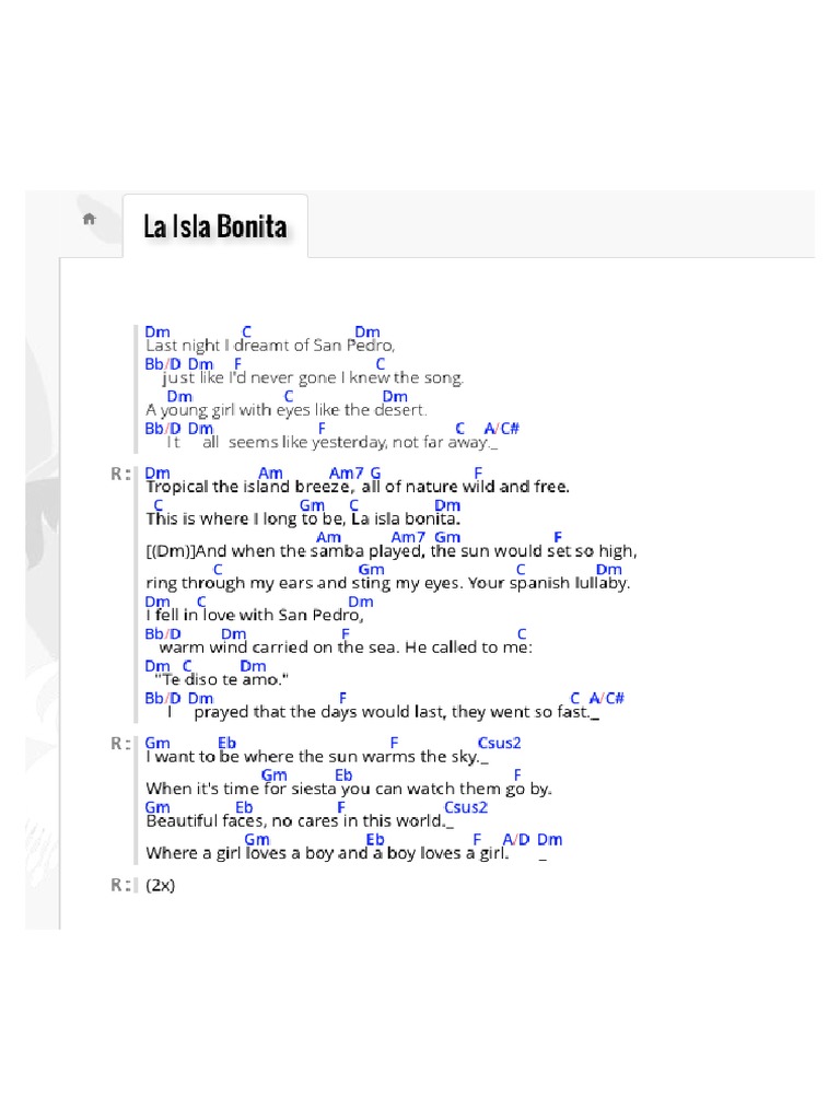 La Isla Bonita Guitar Chords