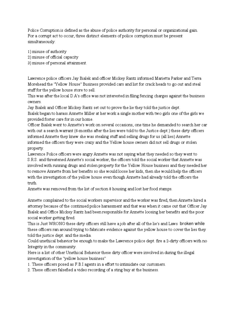 Police Corruption Is Defined As The Abuse of Police Authority For ...