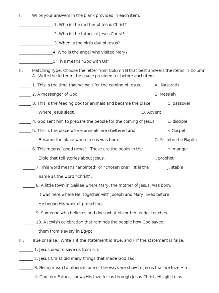 Grade 2 Religion 1st Quarter Practice Exam | PDF | Mary, Mother Of ...