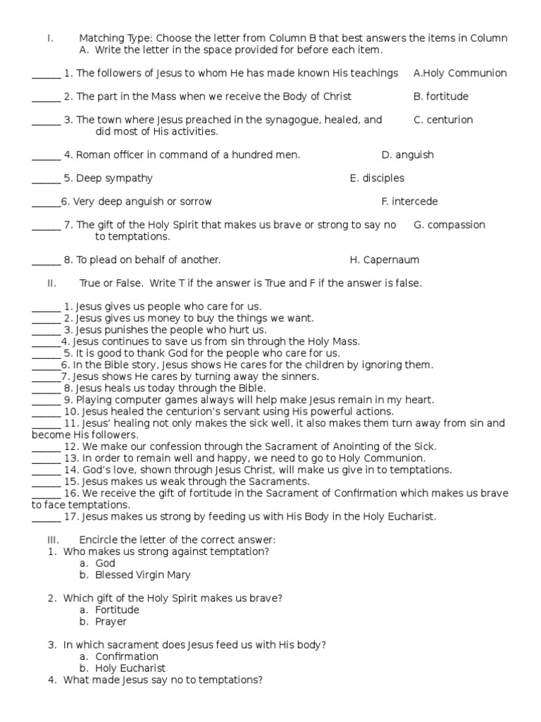 Grade 2 Religion Exam Worksheet | PDF | Eucharist | Ancient ...