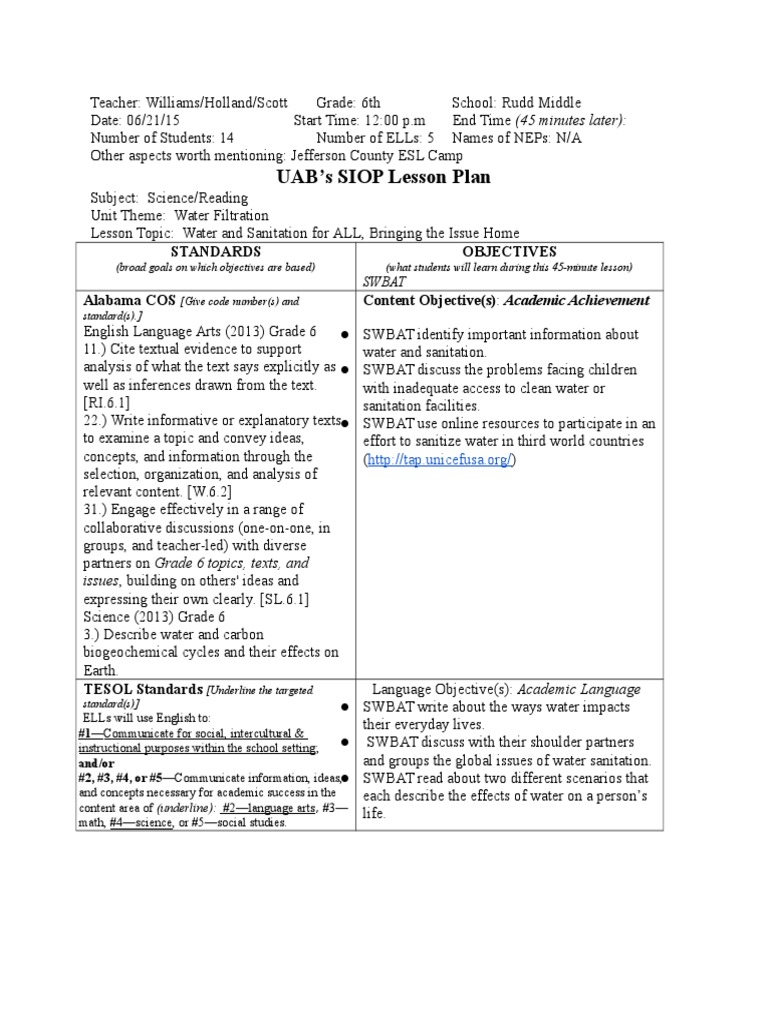 UAB's SIOP Lesson Plan: Standards Objectives Alabama COS Content ...