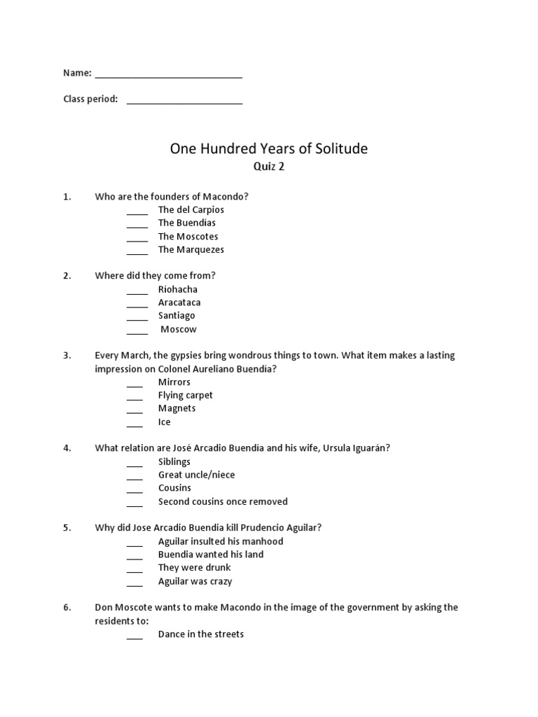 One Hundred Years of Solitude - Quiz 2 | PDF