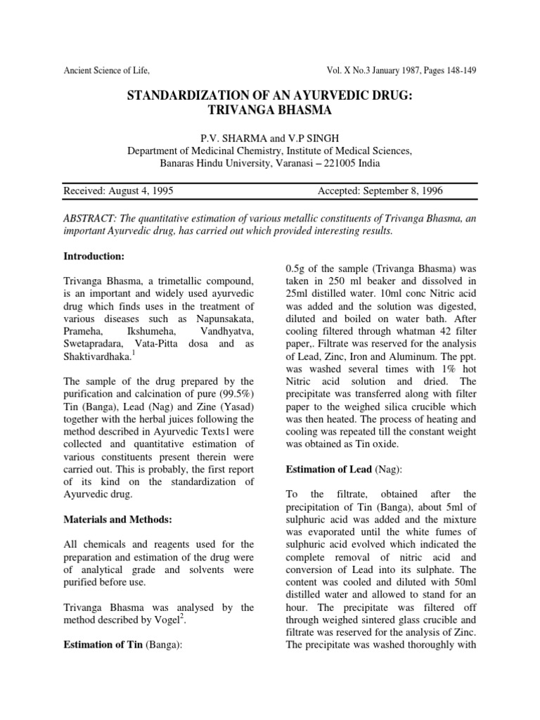 Standardization of An Ayurvedic Drug: Trivanga Bhasma | PDF | Ayurveda ...