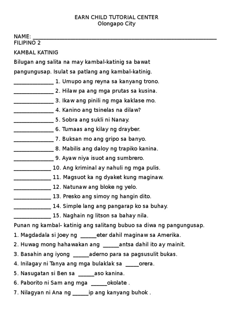 Grade 2 Filipino Worksheet | PDF