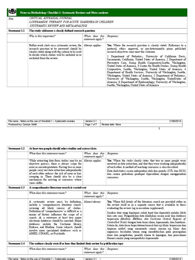Notes On Methodology Checklist 1: Systematic Reviews and Meta-Analyses ...