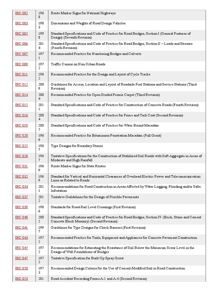 Irc Code List | PDF | Road | Road Surface