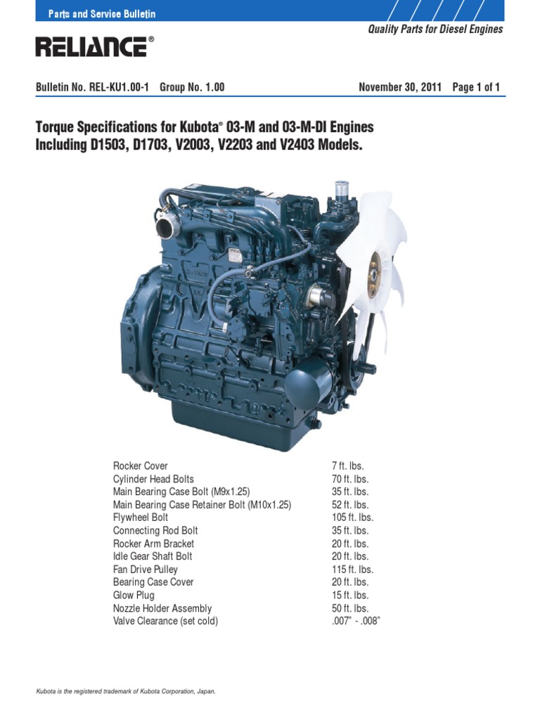 Torque Specifications For Kubota 03-M and 03-M-DI Engines Including D1503, D1703, V2003, V2203 ...