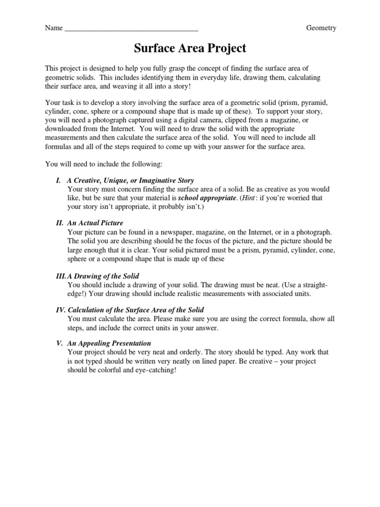 Surface Area Geometry Project Guide | PDF | Surface Area | Geometry