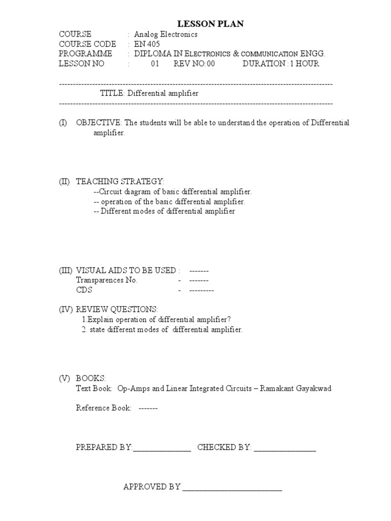 Analog Electronics Lesson Plan | PDF | Operational Amplifier | Amplifier