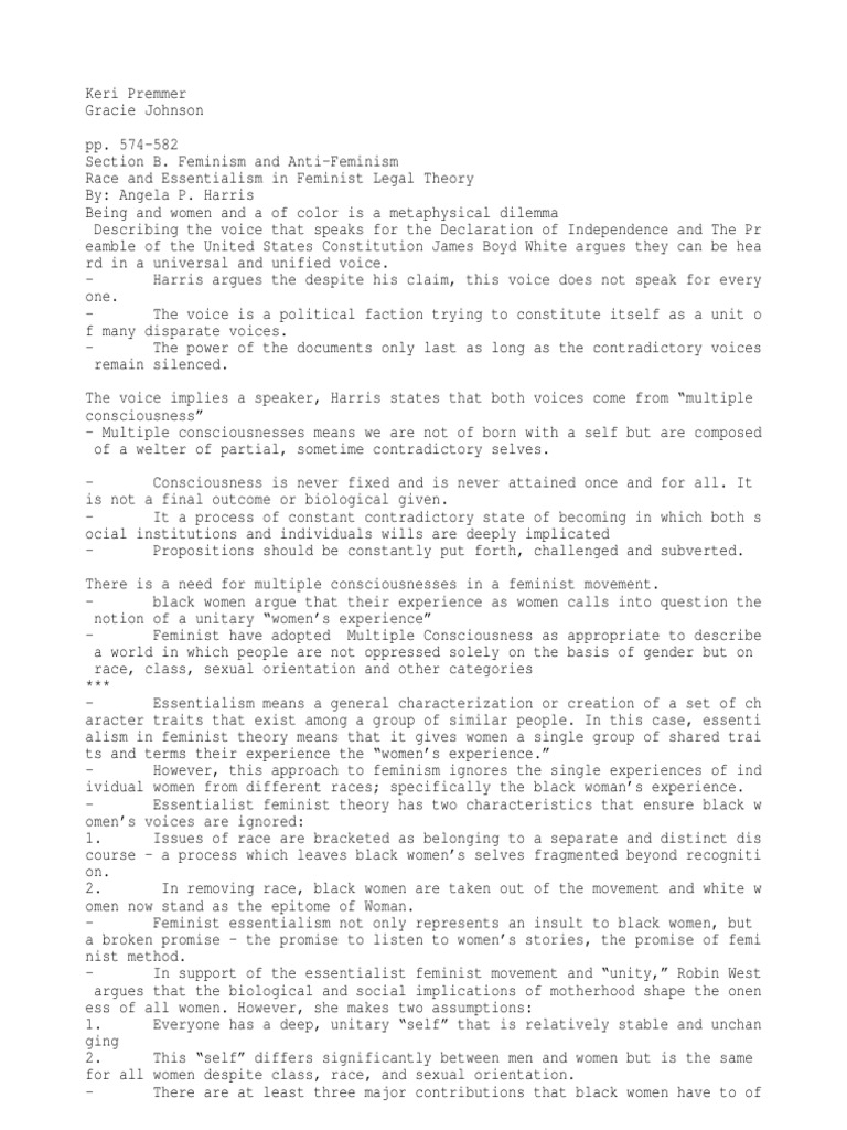 Race & Essentialism in Feminist Legal Theory (Angela Harris) Pp. 574 ...