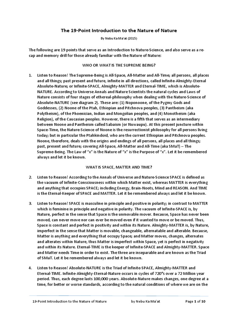 19-Point Introduction To The Nature of Nature | PDF | Mind | Matter