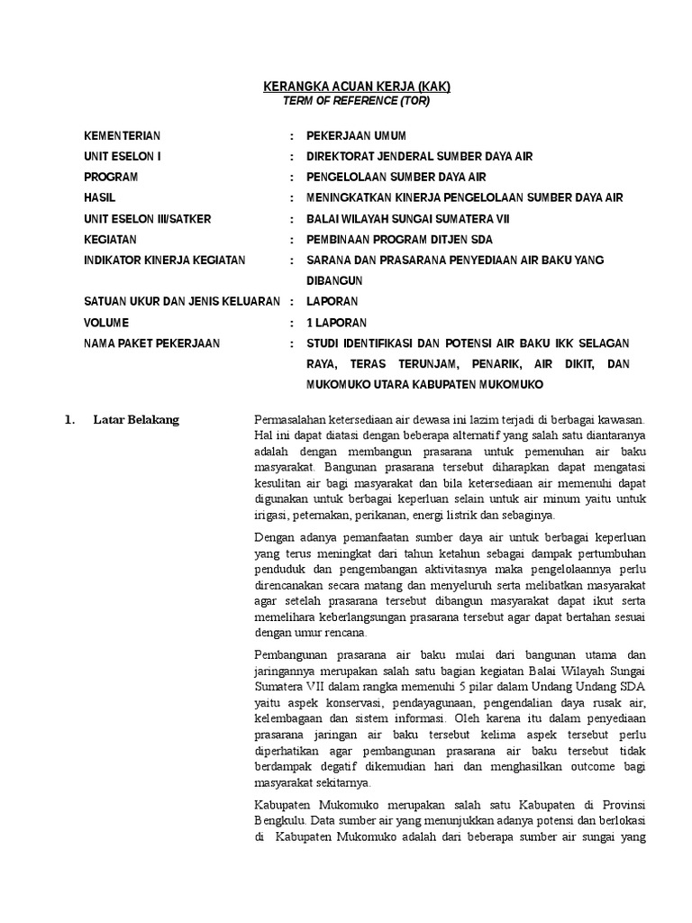 KAK Identifikasi Dan Potensi Air Baku IKK Kab. Mukomuko | PDF | Sains & Matematika