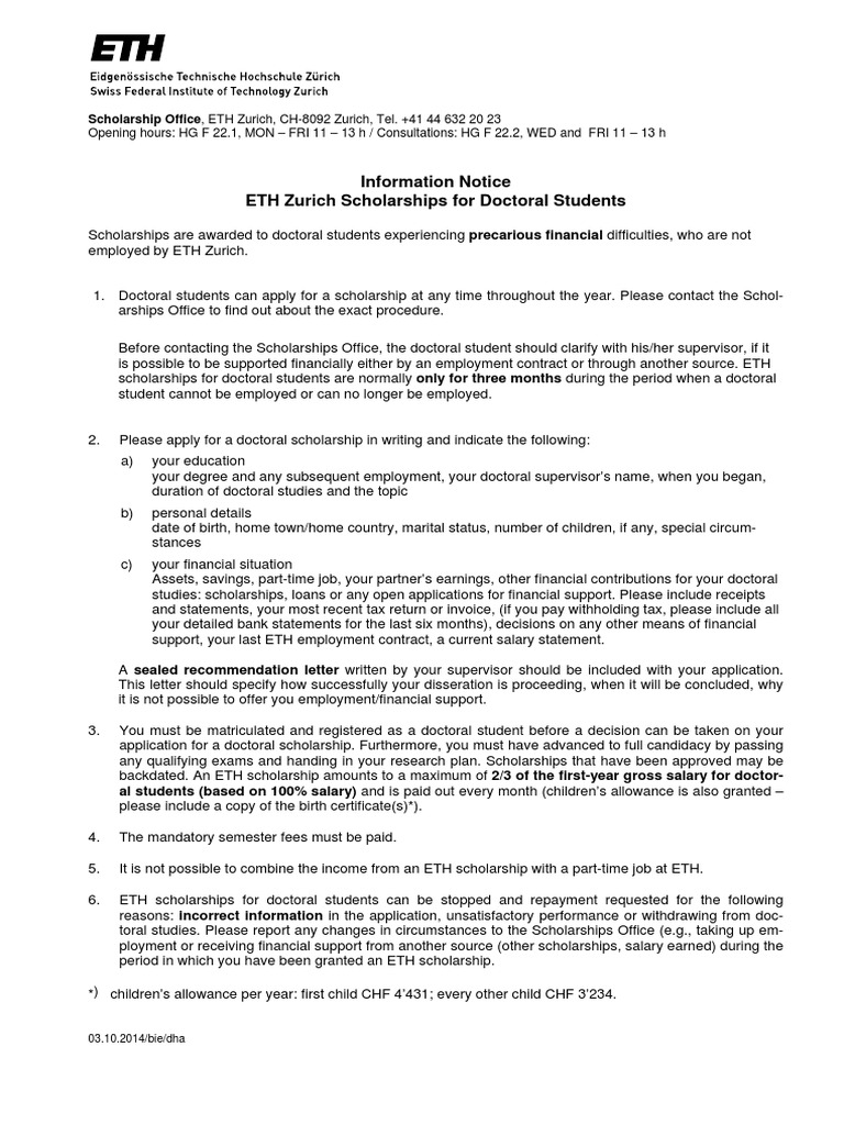 Information Notice ETH Zurich Scholarships For Doctoral Students | PDF ...