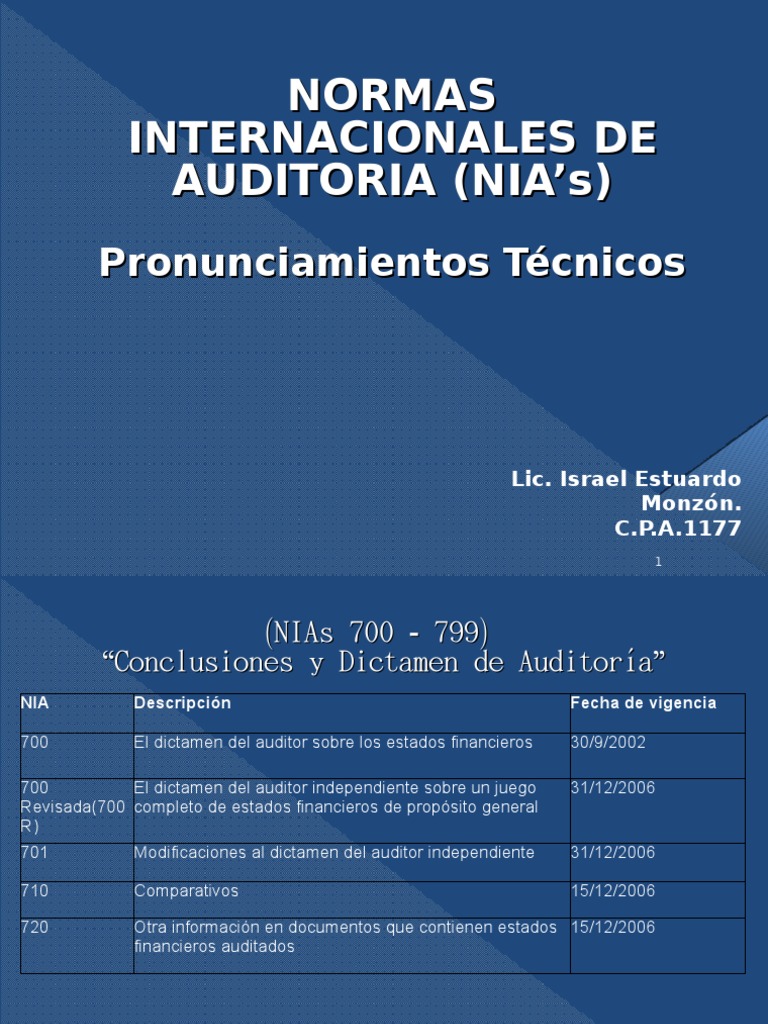 Presentaciones NIA 700-799 | PDF | Contralor | Auditoría