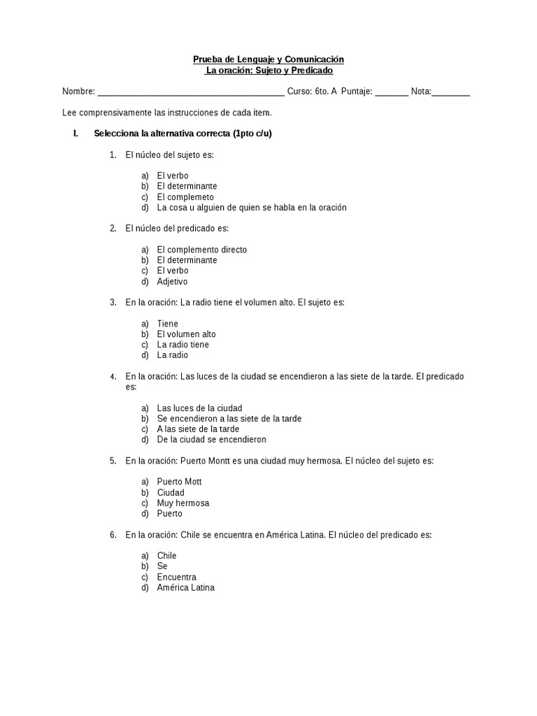 Prueba Sujeto y Predicado | Predicado (Gramática) | Asunto (gramática ...