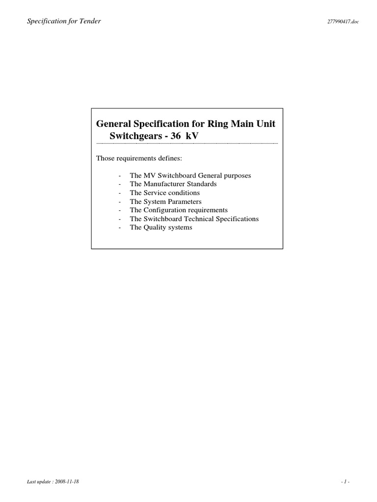Ring Main Unit Switchgear 36kv Spec en | PDF | Switch | Fuse (Electrical)