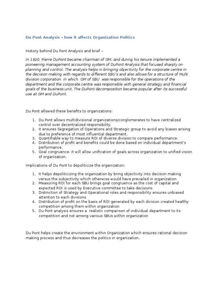 Du Pont Analysis and Politics | PDF | Du Pont | Strategic Management