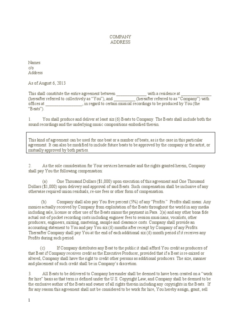 Sample Producer Contract (Royalty-Bearing Work For Hire) | PDF ...