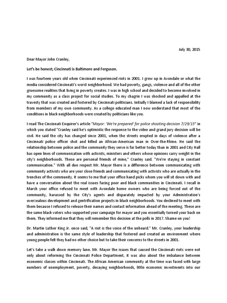 Press Release: Open Letter To Mayor John Cranley in The Aftermath of Sam DuBose Killing by ...