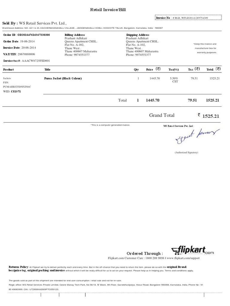 Invoice Puma Jacket Flipcart | PDF | Retail | Invoice