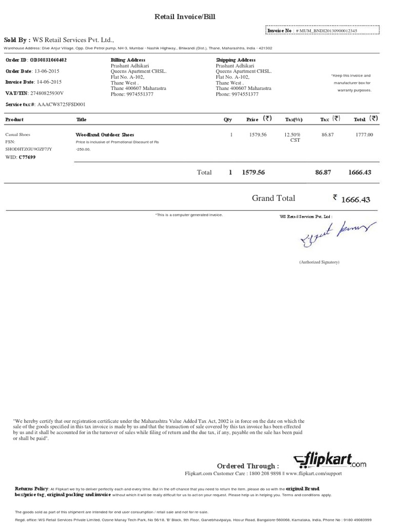 Invoice Woodland Shoes Flipcart | Invoice | Value Added Tax