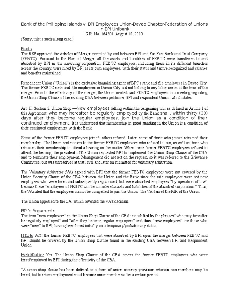 Union Shop Clause in BPI Merger Case | PDF | Employment | Trade Union