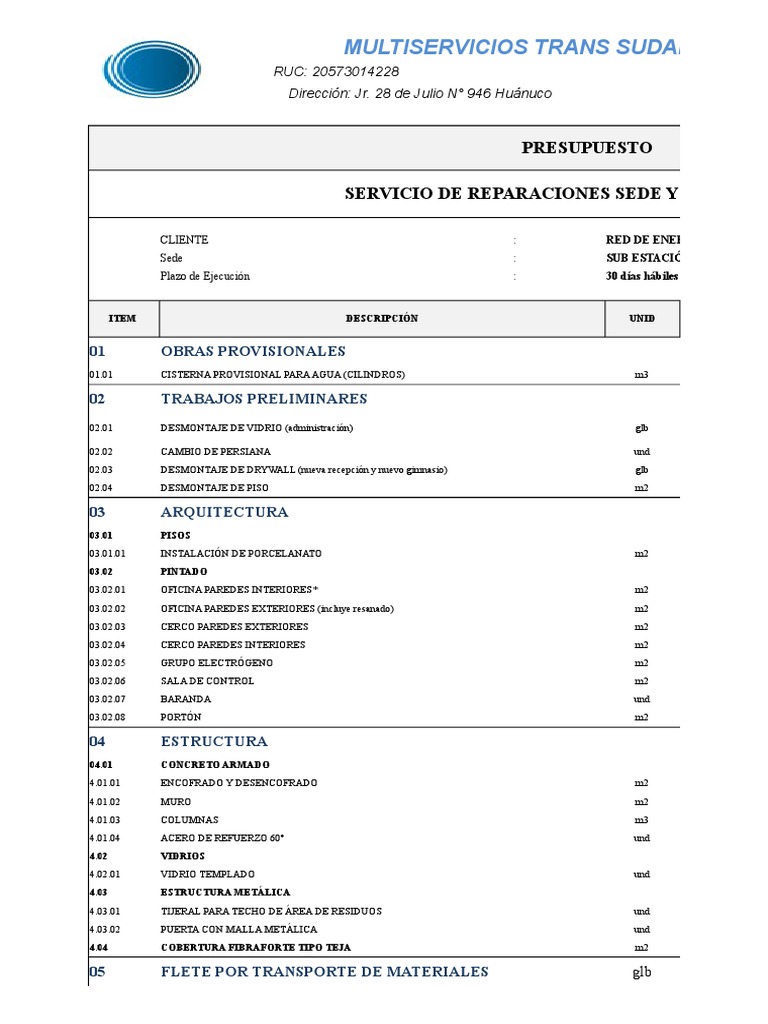 Multiservicios Trans Sudamericana - Presupuesto Rep | PDF | Pintar | Materiales de Conservación ...