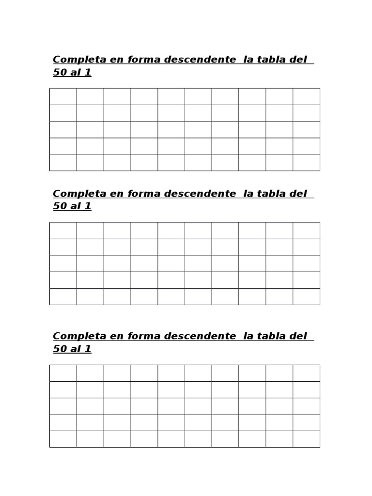 Completa La Tabla Del 1 Al 50 | PDF