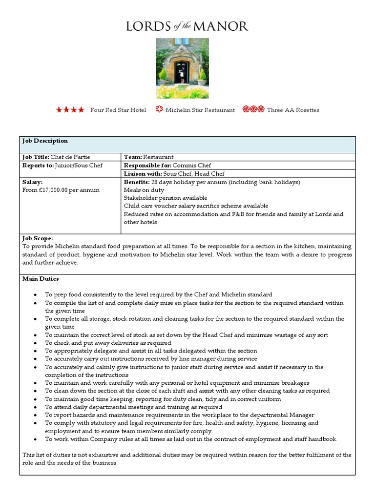 Chef Depart I e Job Description | PDF | Chef | Occupational Safety And ...
